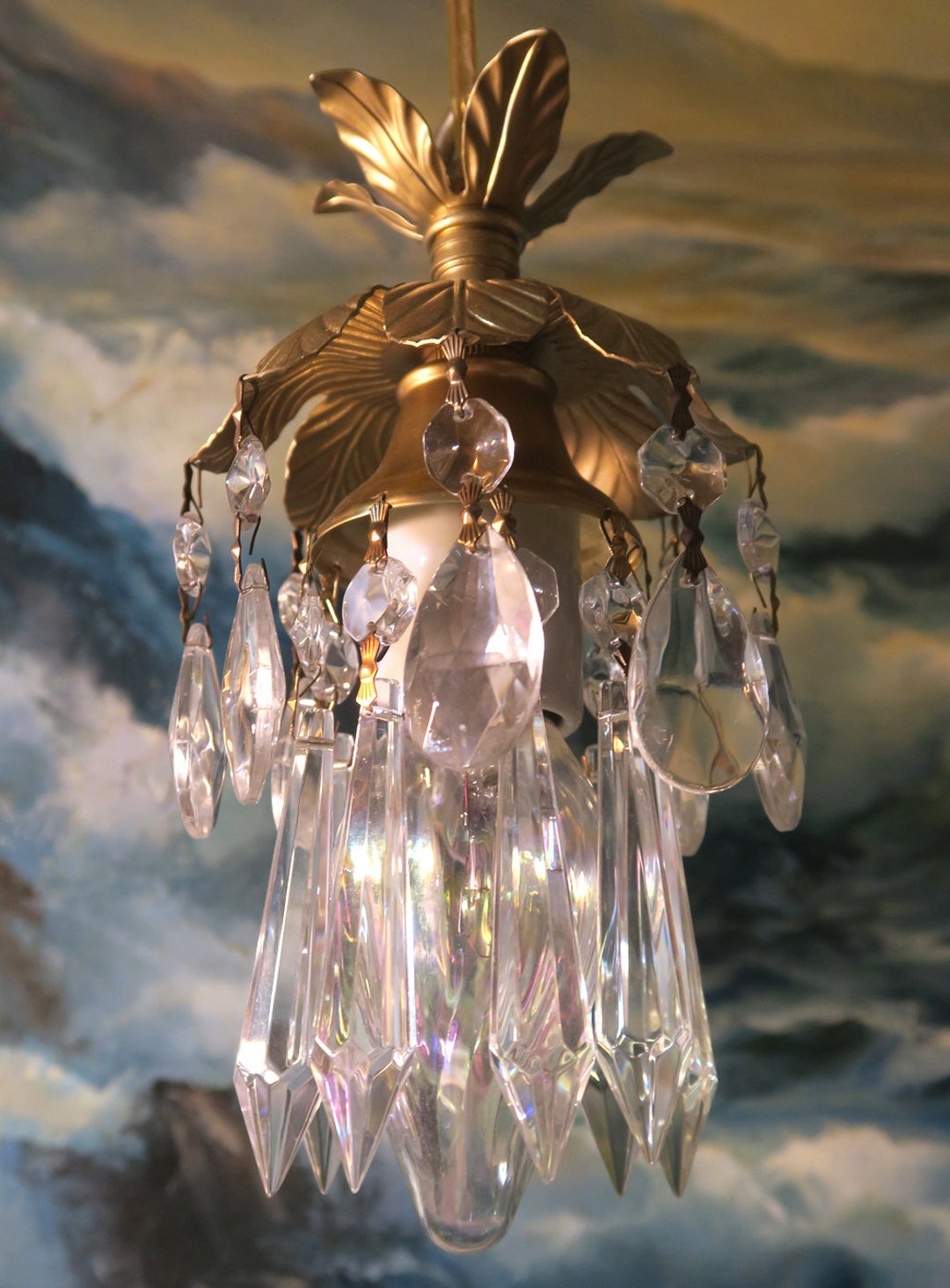 Hanging Mini Lamp Chandelier Crystal Prism Brass Tole Pendant Flower ...