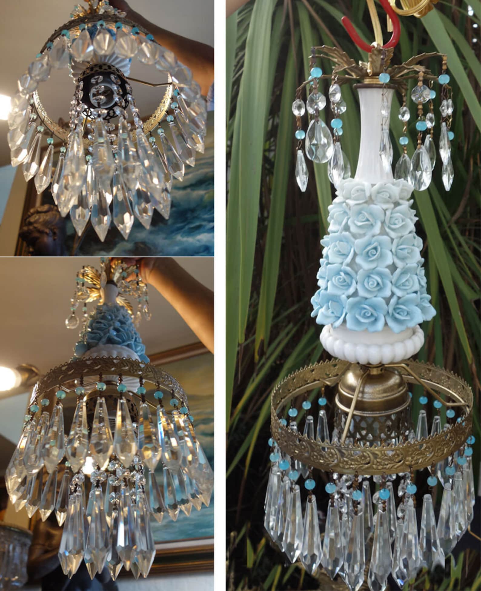 Porcelain Blue Rose Brass Chandelier Swag Vintage Lamp Crystal - Etsy