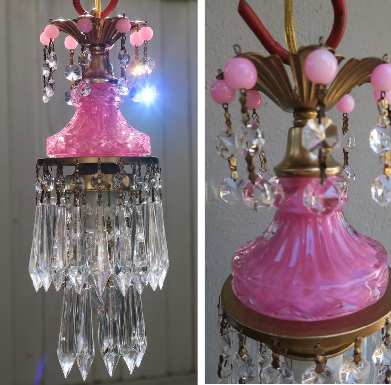 Vintage Rose Pink Lady Cupcake Glass Crystal Brass Ceiling Mount With ...