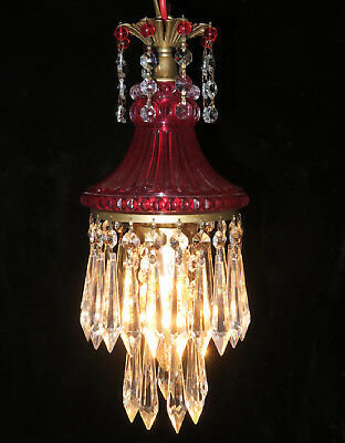 Vintage Ruby Red Lady Cupcake Glass Crystal Beads Brass Swag Lamp ...