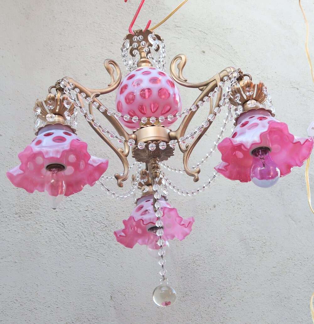 Fenton Opalescent Coin Dot Art Glass Lamp Vintage Brass Chandelier ...