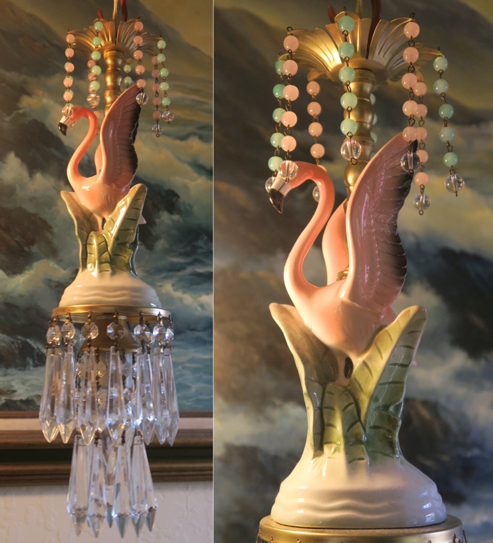 Pink Flamingo Swag Lamp Chandelier Glass Crystal Brass Porcelain ...