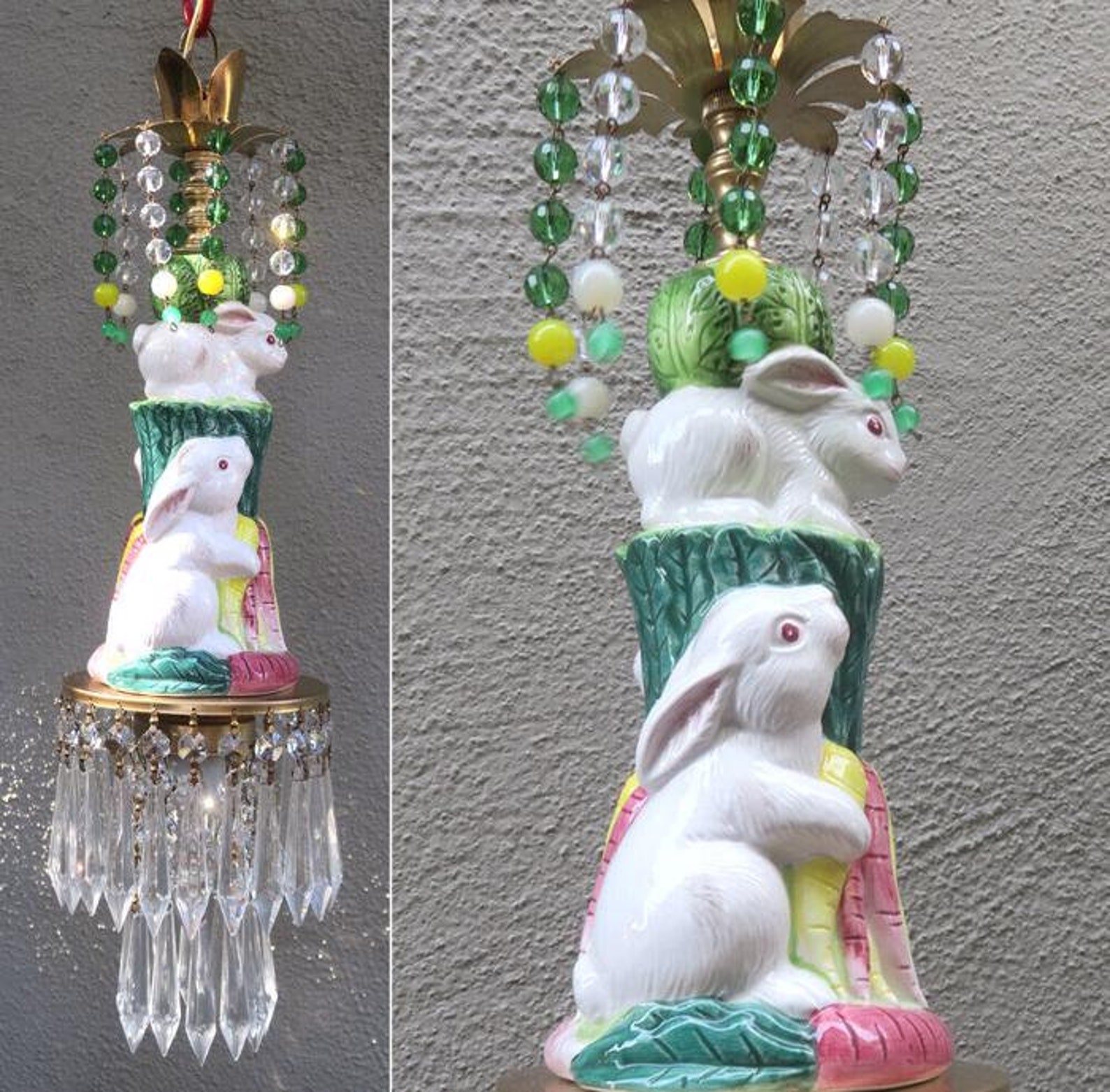 Porcelain Rabbit Bunny Carrot Swag Plugin Lamp Brass Crystal Chandelier ...