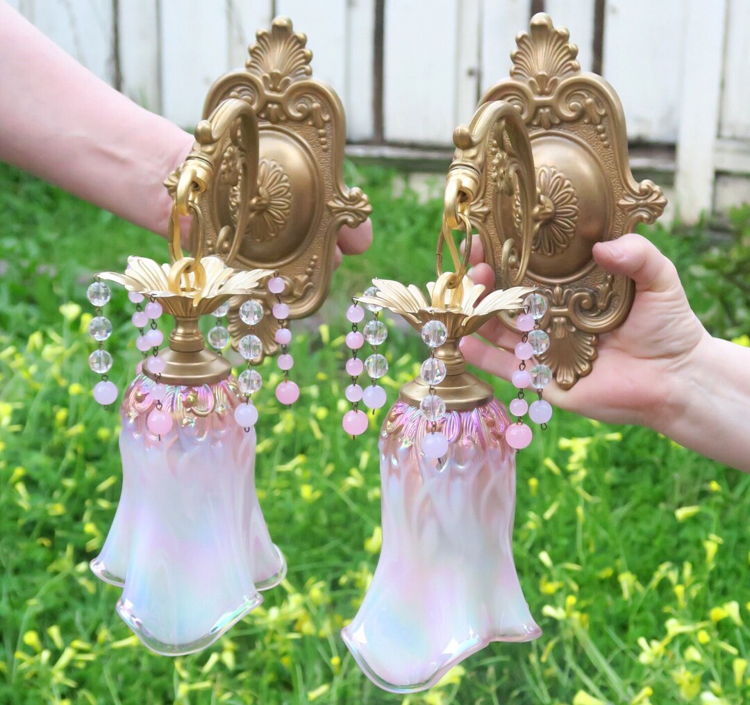 Pair Fenton Lamp Vintage Sconce Brass Bronze Pink Lily Valley Fairy Art ...