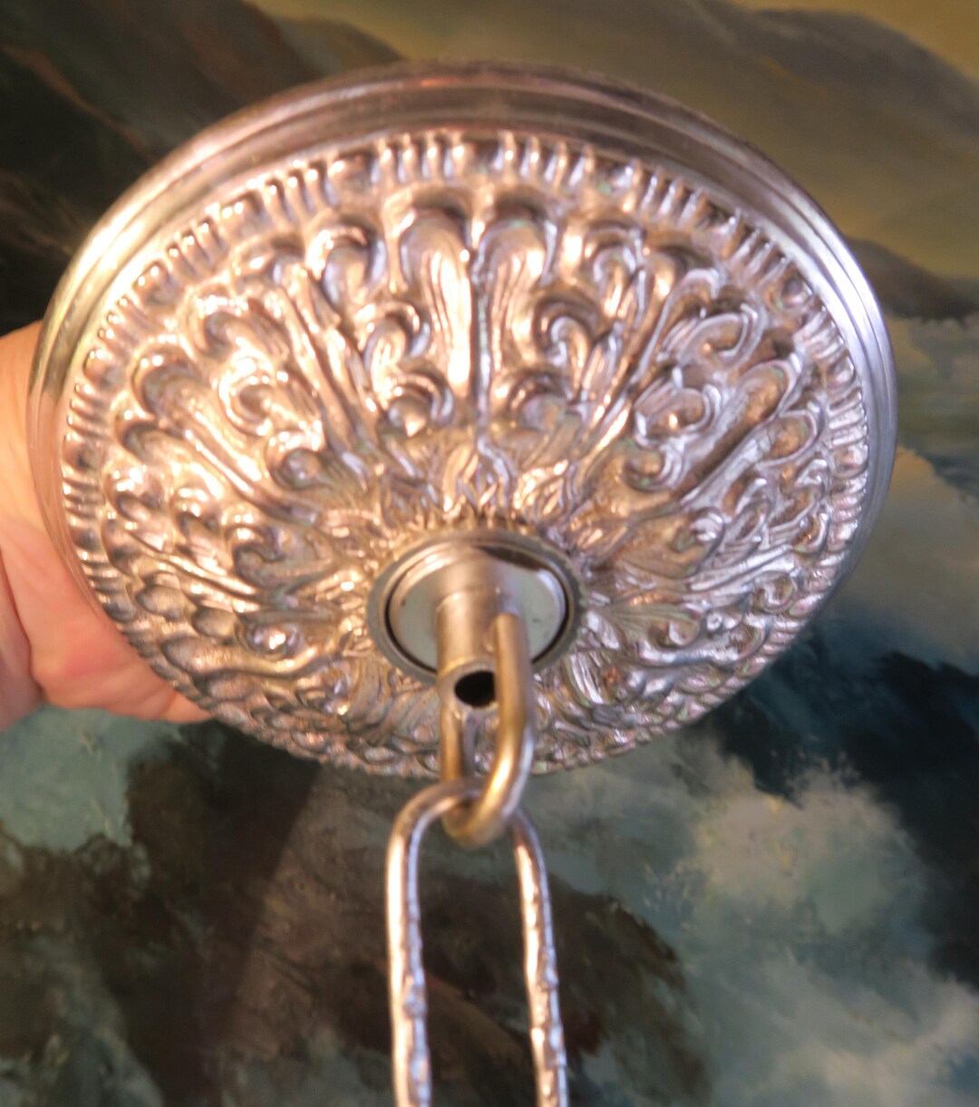 Vintage Acanthus Silver Tone Brass Plated Canopy Lamp Chandelier Part ...