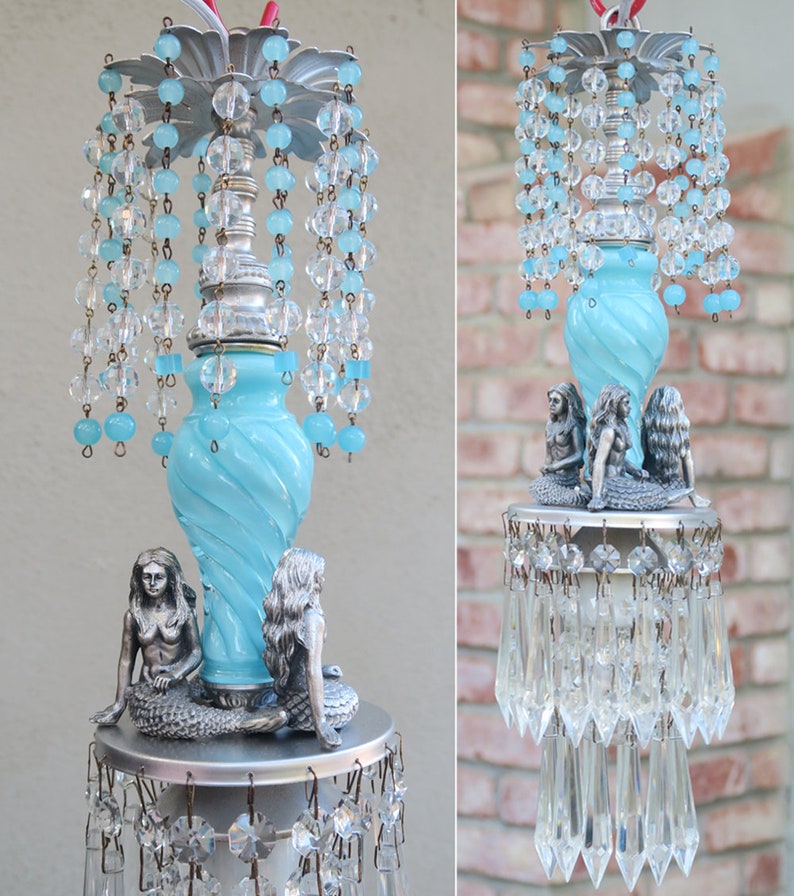 Mermaid Swag Lamp Chandelier Blue Glass Brass Silver Crystal Beads ...
