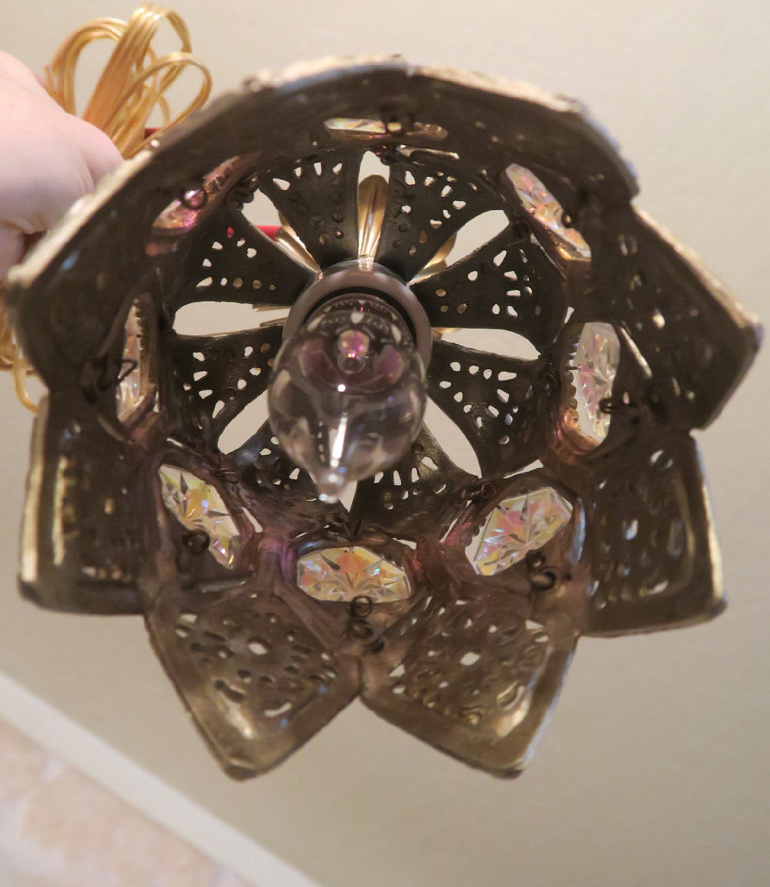Swag Plugin AB Lamp Vintage Chandelier Light Spelter Brass Jeweled ...