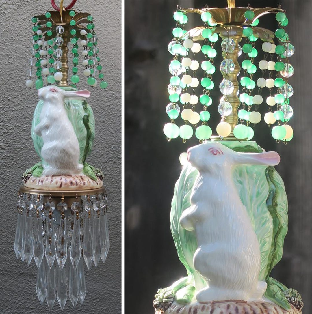 Porcelain Rabbit Bunny Swag Lamp Brass Crystal Chandelier Kitchen ...