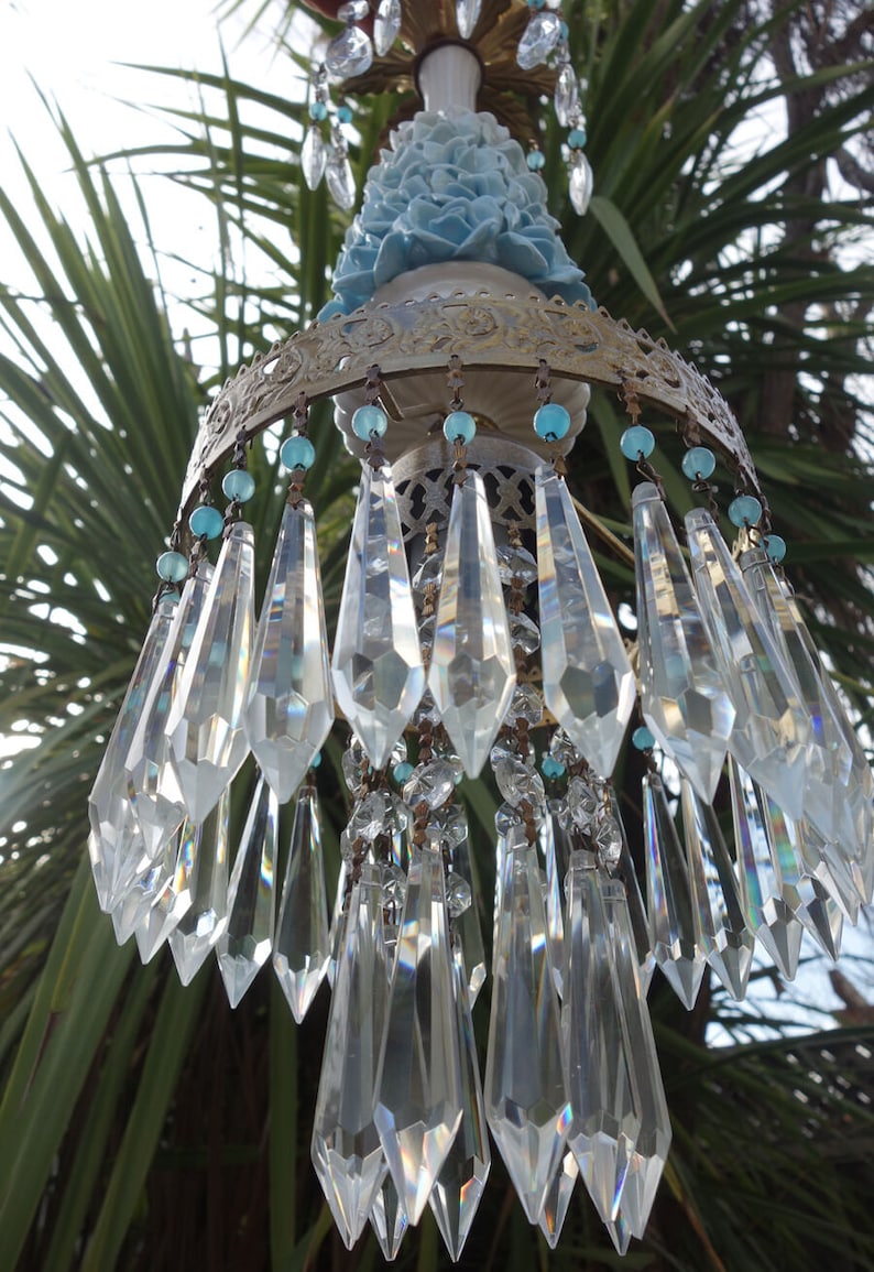 Porcelain Blue Rose Brass Chandelier Swag Vintage Lamp Crystal - Etsy