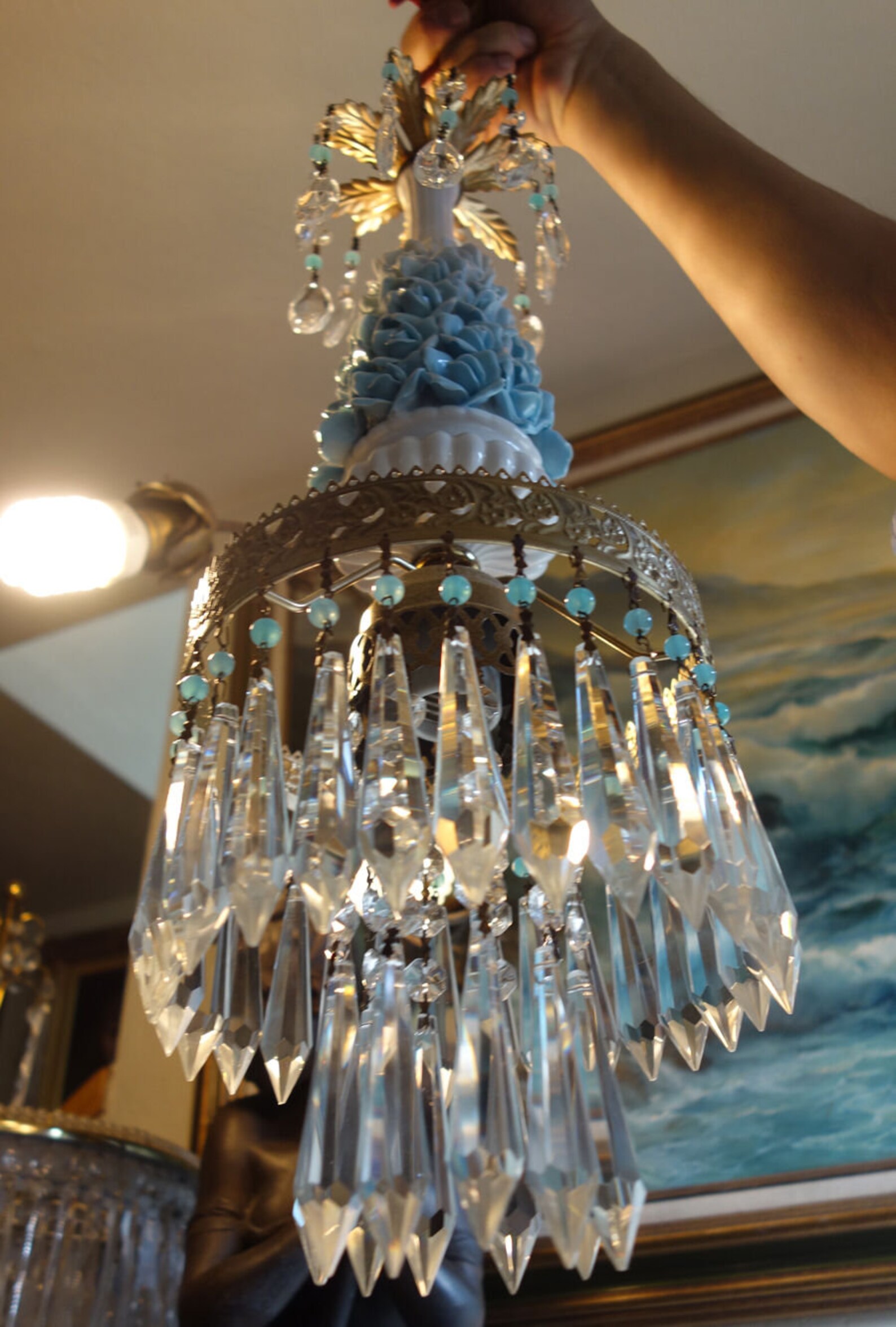 Porcelain Blue Rose Brass Chandelier Swag Vintage Lamp Crystal - Etsy