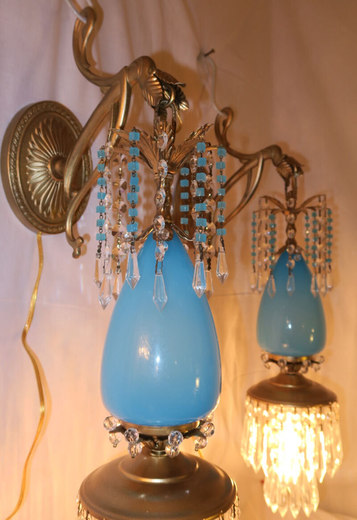 2 Sconce Lamp Murano Turquoise Blue Opaline Glass Bronze Brass | Etsy