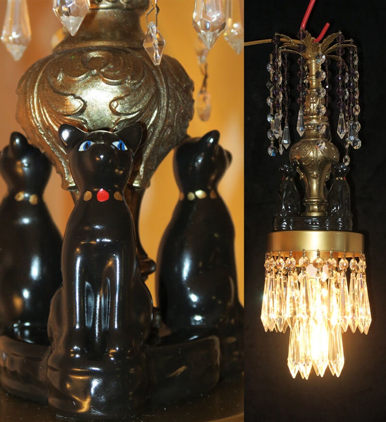 Black Ceramic Cat Swag Lamp Chandelier Brass Spelter Beaded - Etsy
