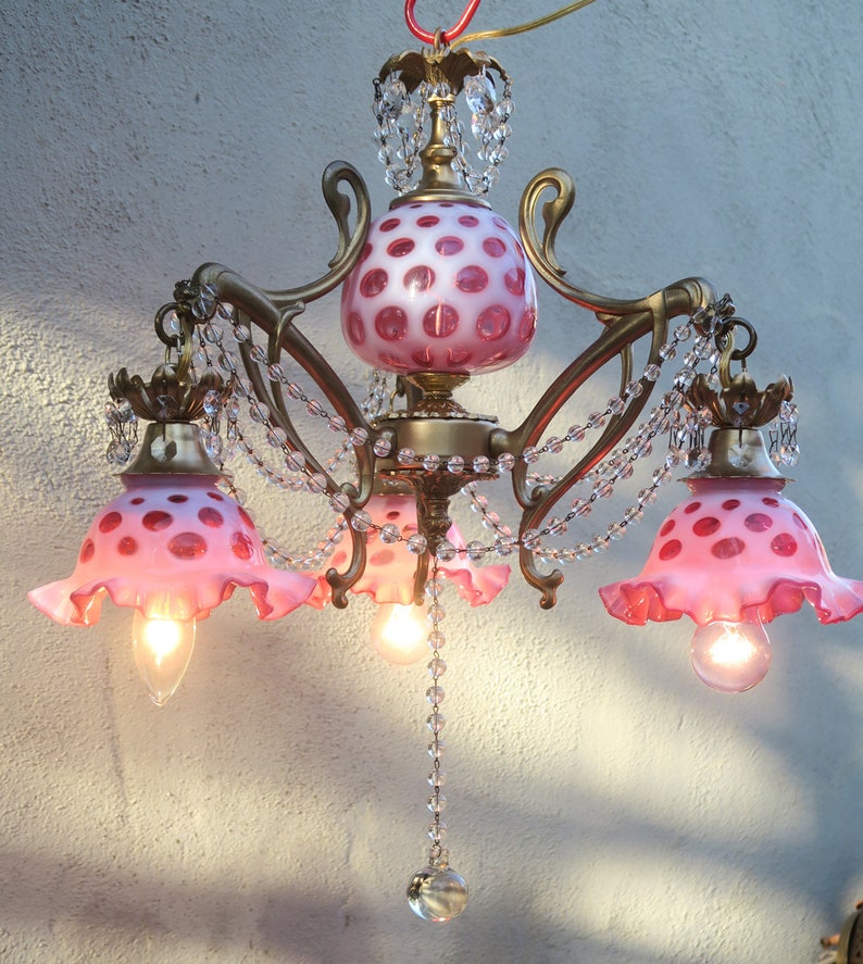 Fenton Opalescent Coin Dot Dining Room Lamp Vintage Brass - Etsy