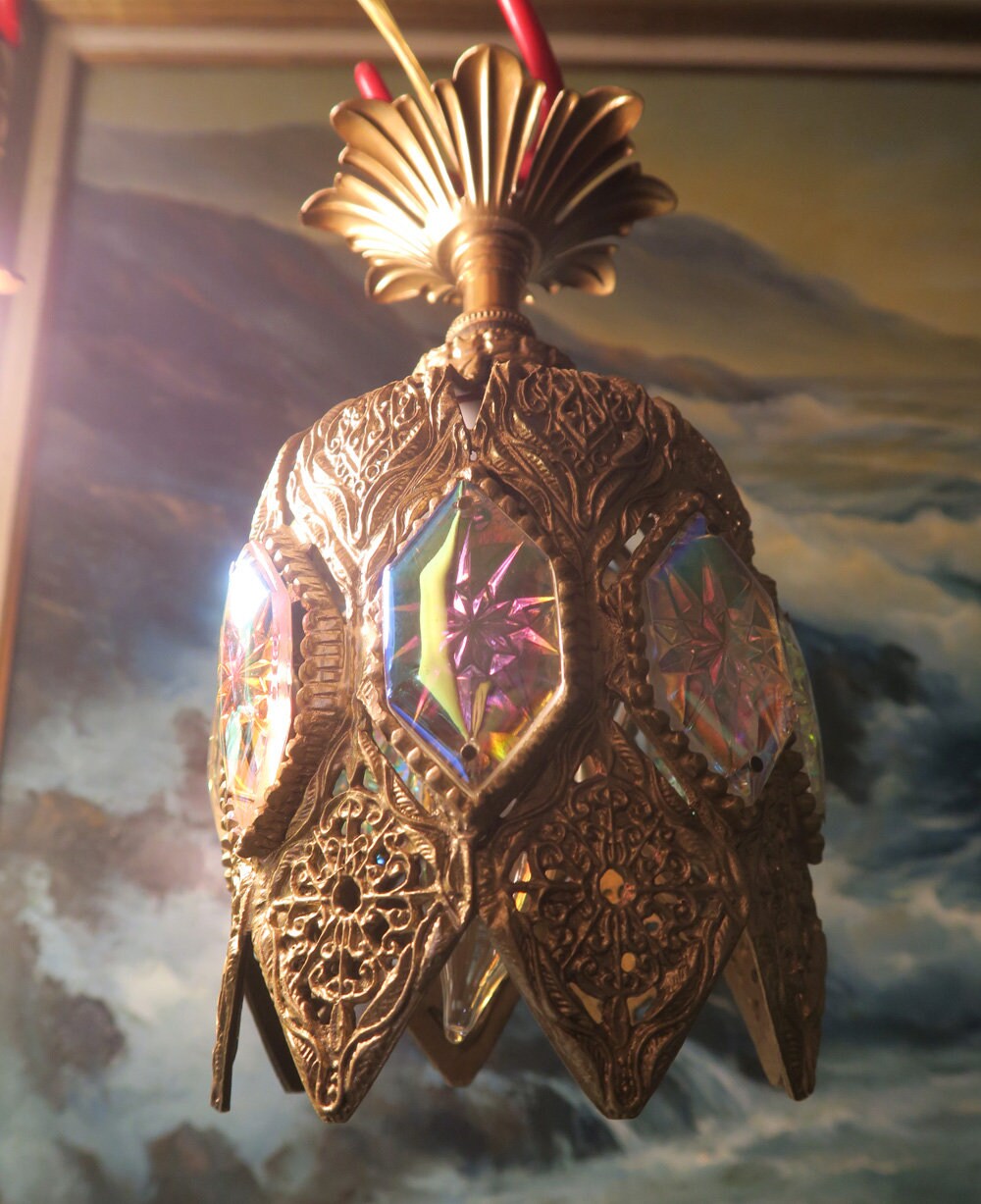 Swag Plugin AB Lamp Vintage Chandelier Light Spelter Brass Jeweled ...