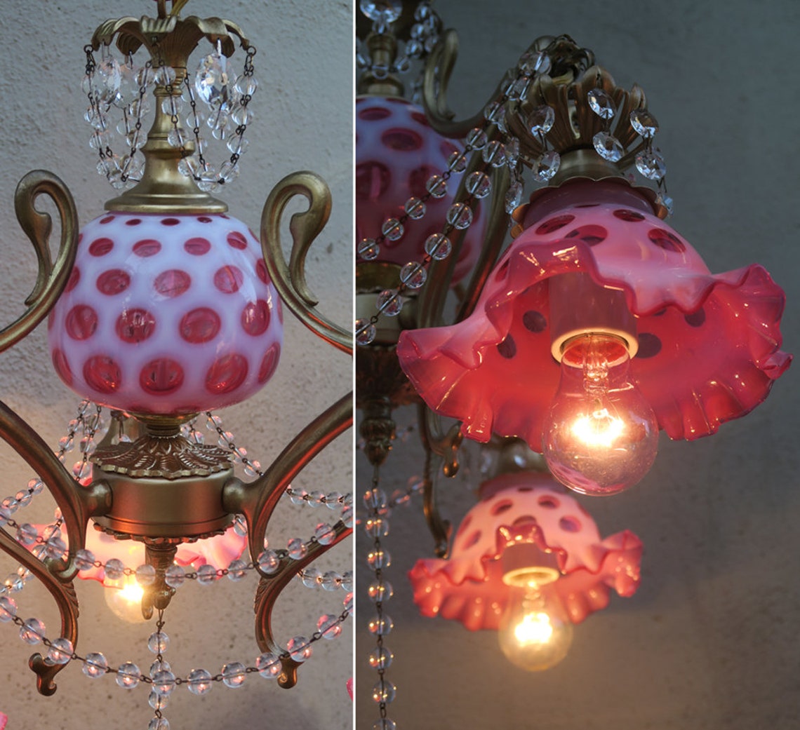 Fenton Opalescent Coin Dot Dining Room Lamp Vintage Brass - Etsy