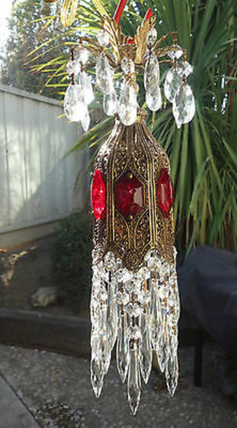 1 Ruby Jeweled Tulip Filigree Mini Crystal Lamp Vintage Chandelier ...