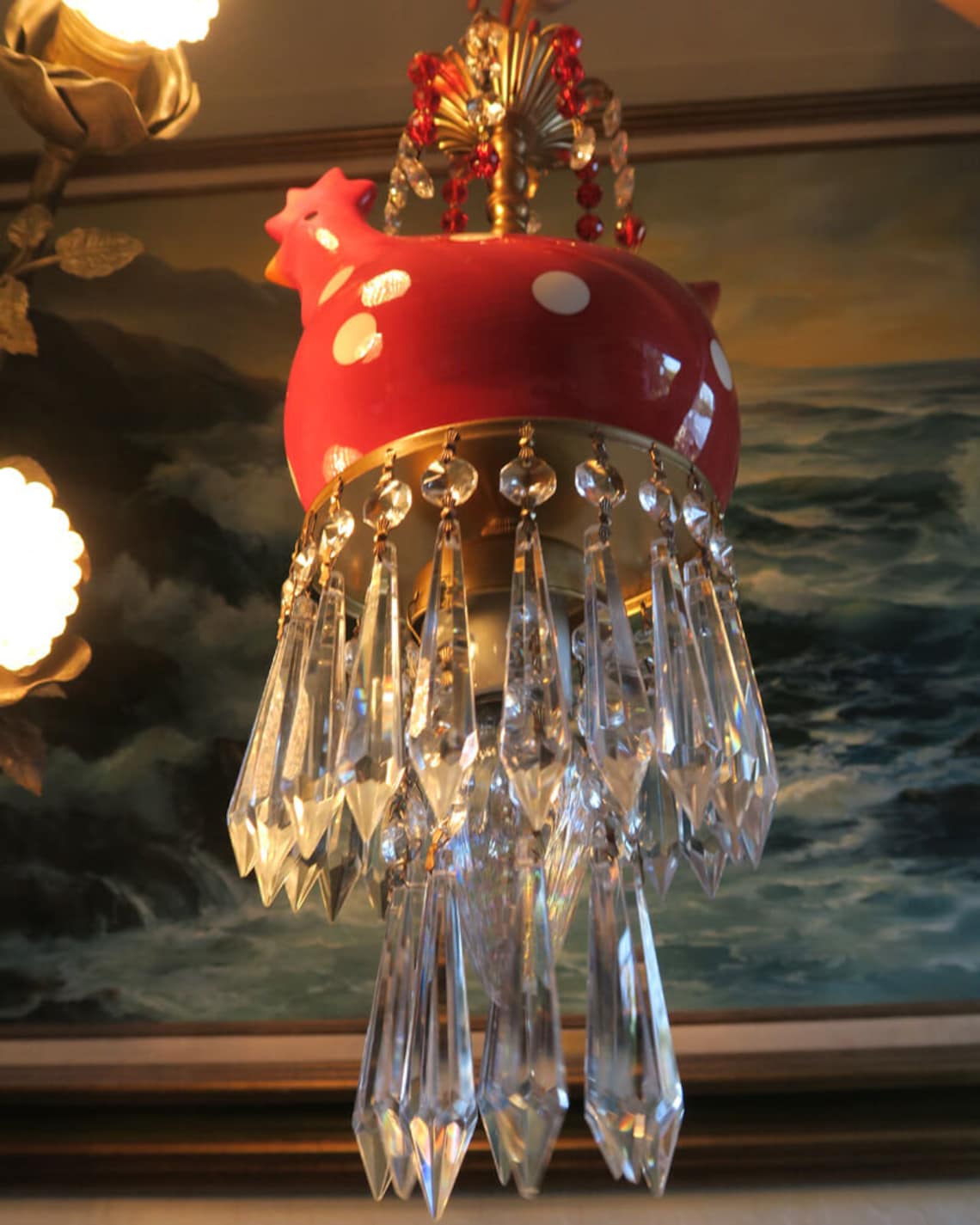 Porcelain Red Chicken Ceiling Lamp Brass Crystal Kitchen | Etsy