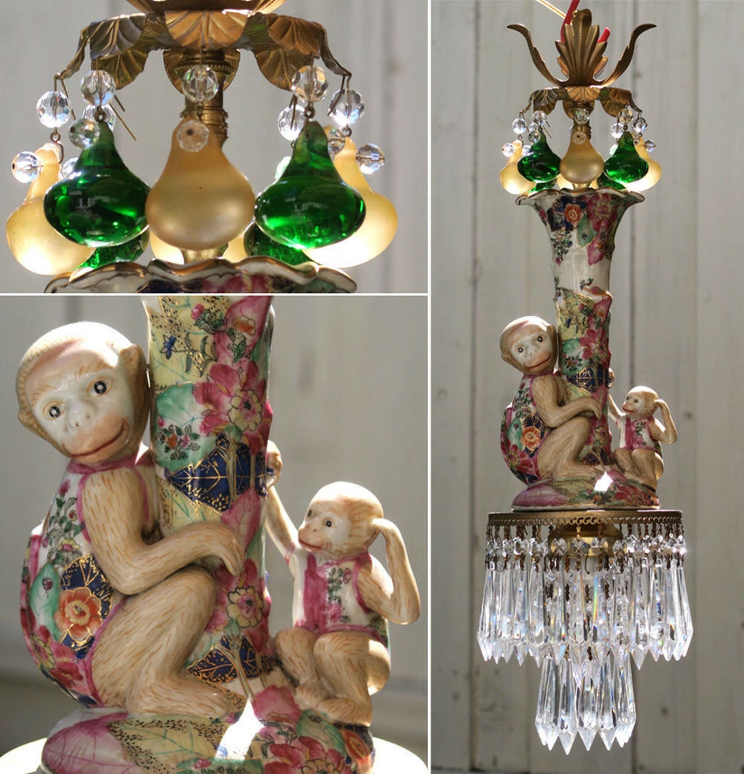 Porcelain Monkey With Baby Swag Lamp Chandelier Brass Tole Crystal ...
