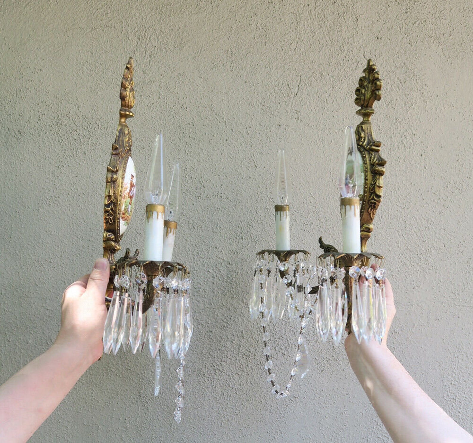 Pair Sconce Brass Bronze Porcelain Plaque Sevres Limoges French Peacock ...