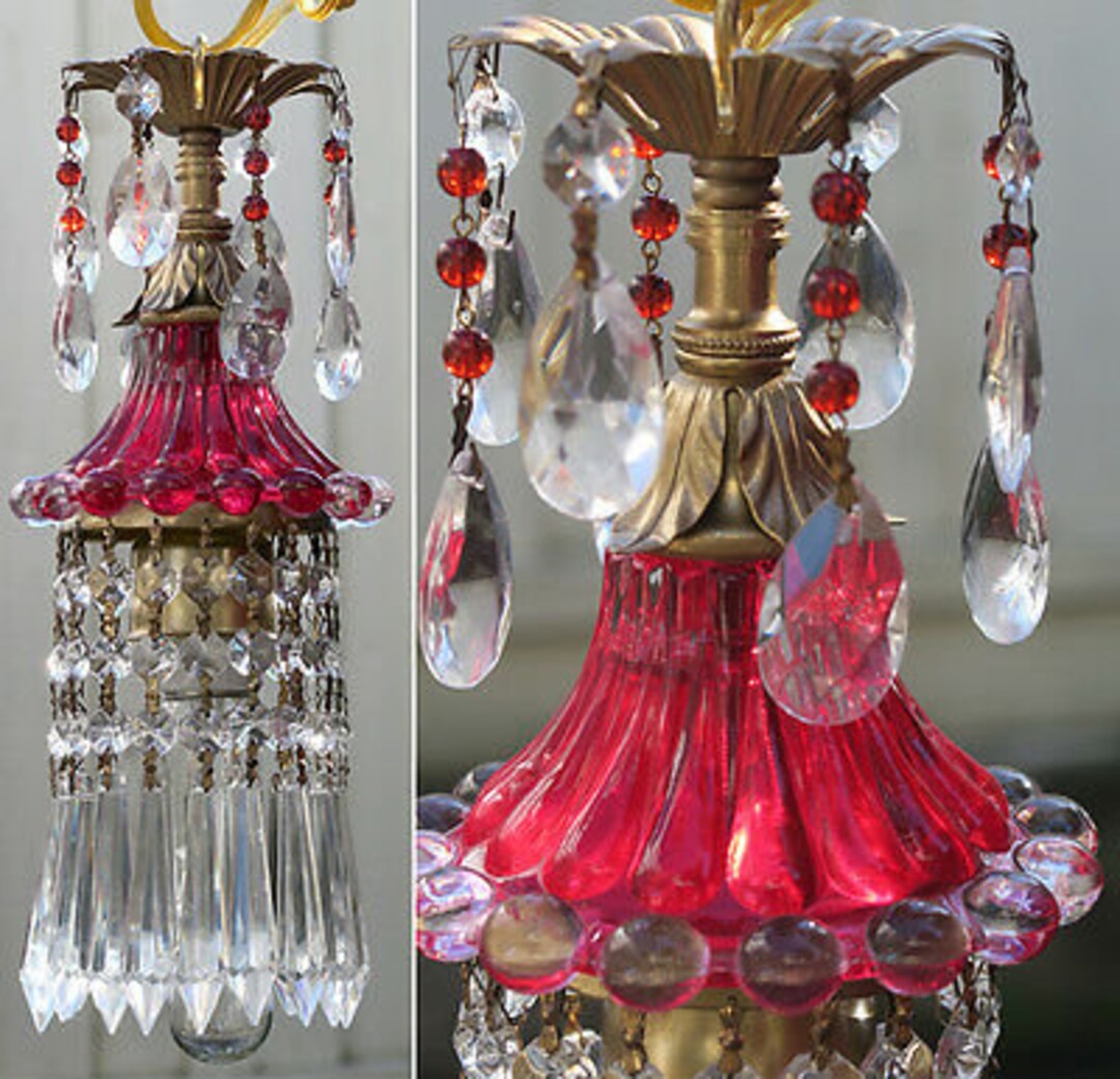 Lamp Chandelier Bubble Depression Ruby Glass Vintage Swag Brass Red ...