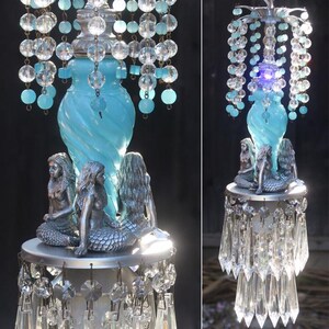 Mermaid Swag Lamp Chandelier Blue Glass Brass Silver Crystal Beads Sea ...
