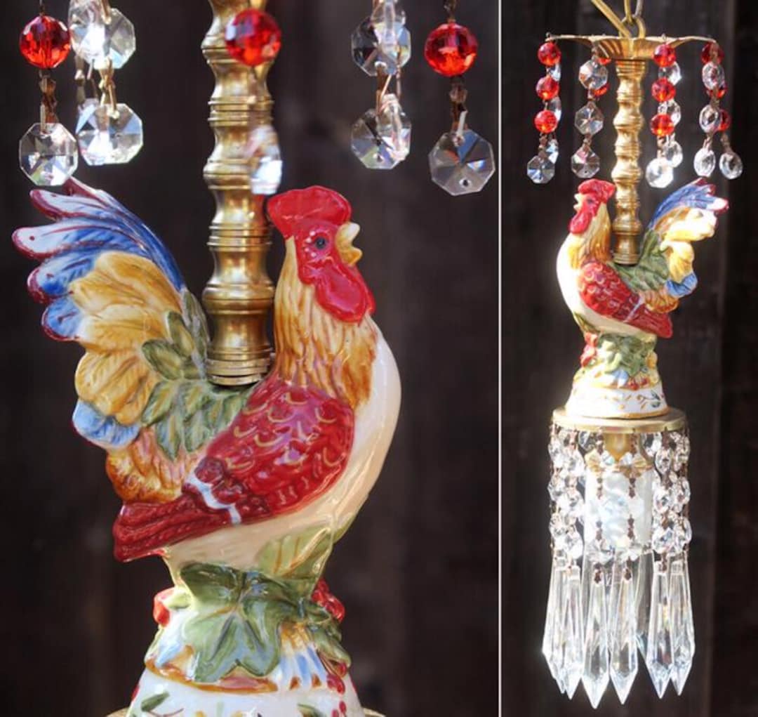 Tiny Porcelain Rooster Chicken Swag Lamp Brass Crystal Kitchen ...