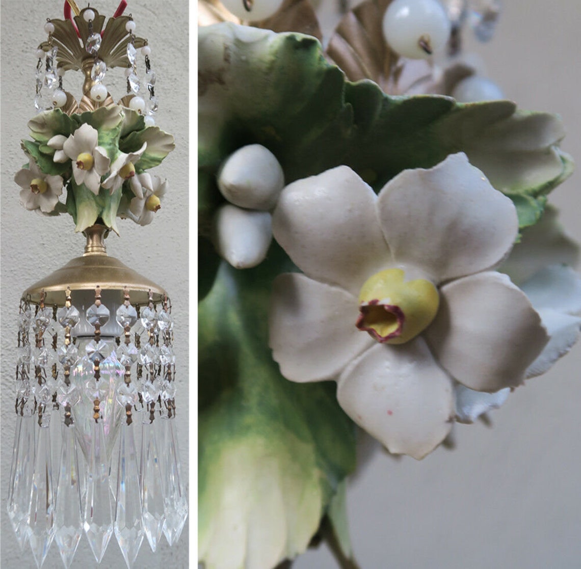 Porcelain Capodimonte White Daffodil Brass Chandelier Swag Vintage ...