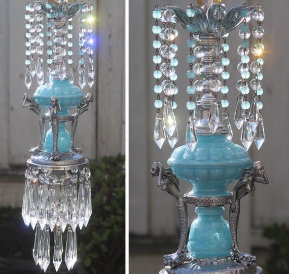 Mermaid Swag Lamp Chandelier Blue Glass Tole Silver S… - Gem