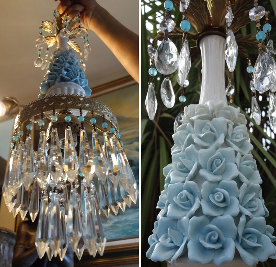 Porcelain Blue Cabbage Rose Brass Chandelier Swag Vintage Lamp Crystal ...