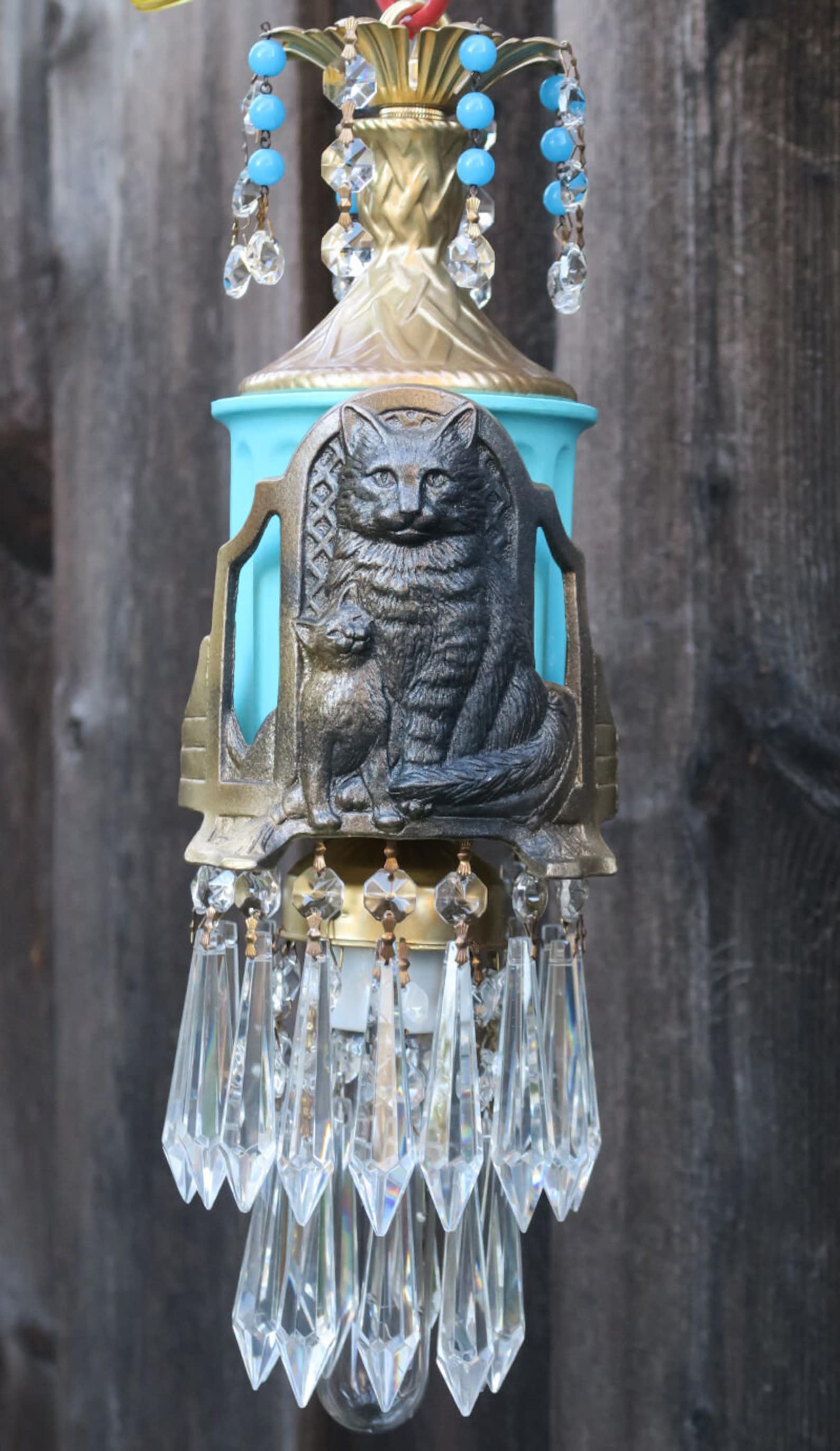 Black Cat Ceiling Lamp Chandelier Brass Tole Glass Turquoise ...