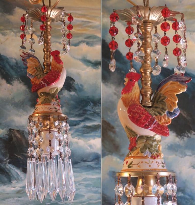 Tiny Porcelain Rooster Chicken Swag Lamp Brass Crystal Kitchen ...