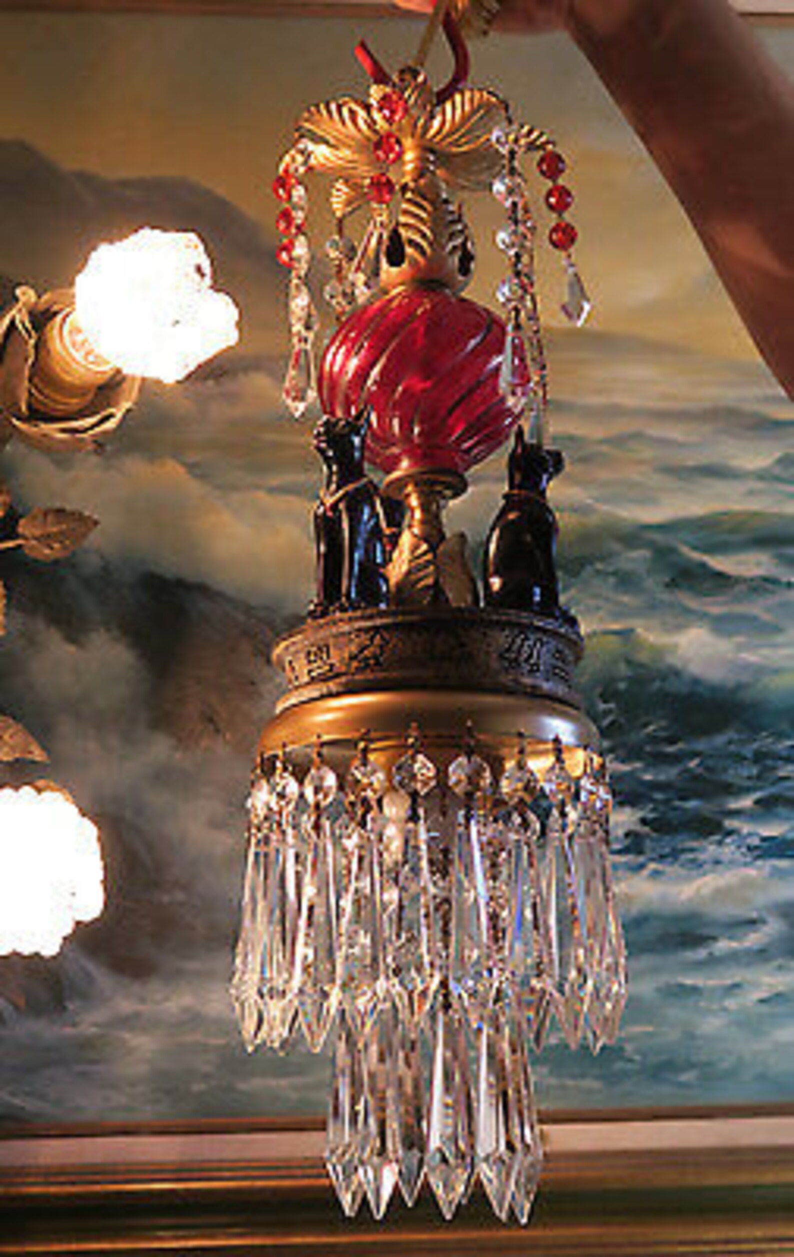 1 Egyptian Cat Chandelier Swag Lamp Ruby Glass Brass Tole Beaded ...