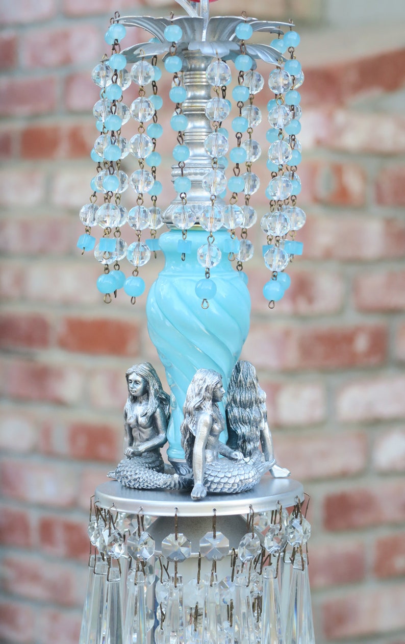 Mermaid Swag Lamp Chandelier Blue Glass Brass Silver Crystal Beads ...
