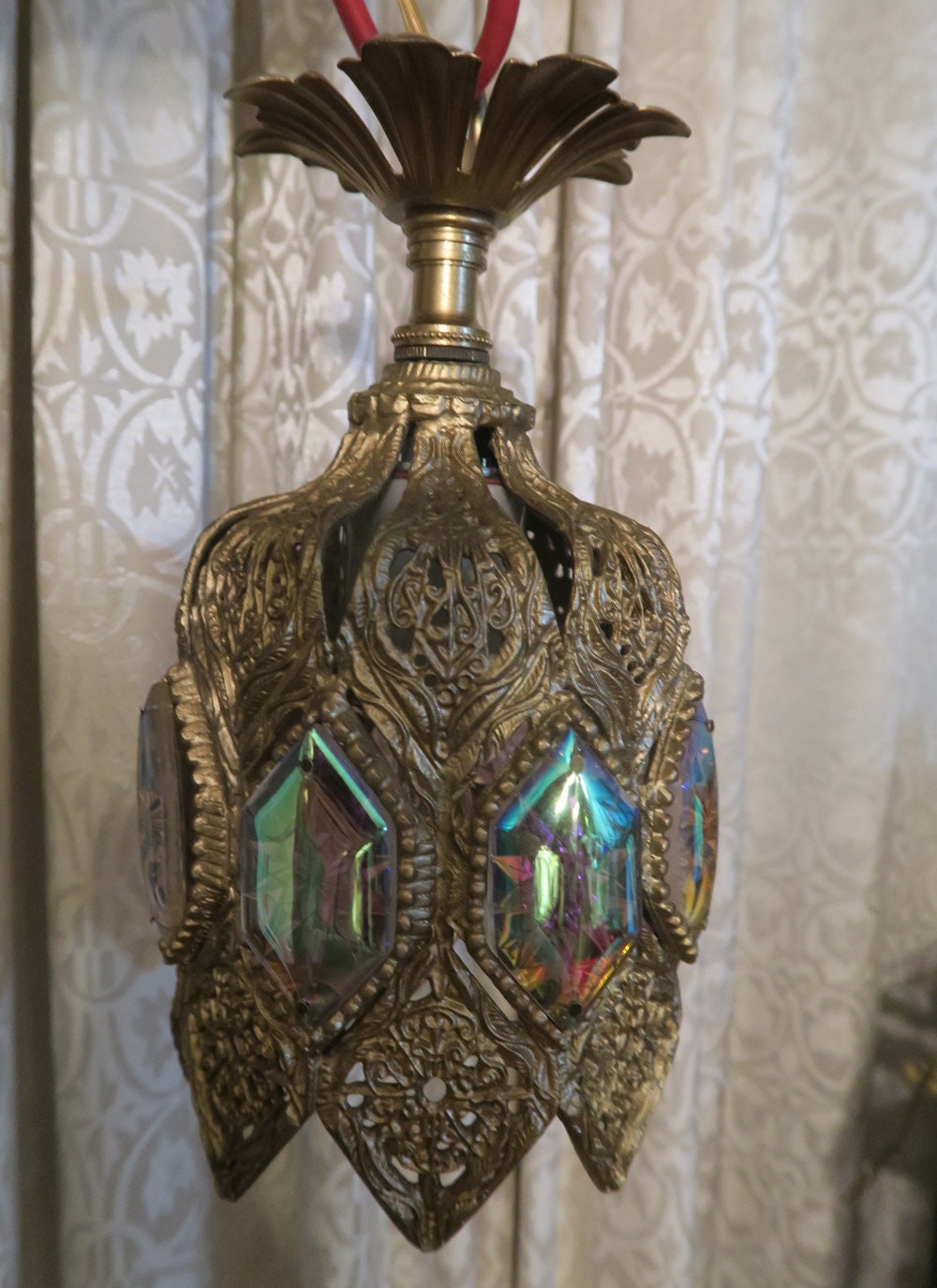 Swag Plugin AB Lamp Vintage Chandelier Light Spelter Brass Jeweled ...