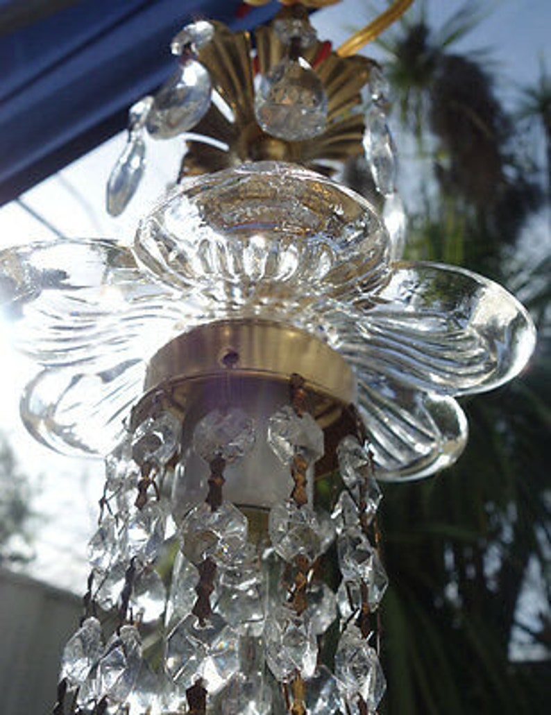 Vintage Flower Blossom Mini Lamp Chandelier Brass Tole Crystal Glass 30 ...