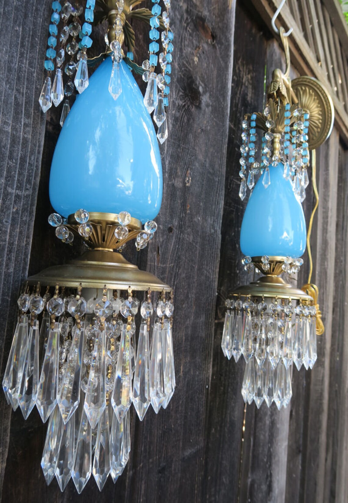 2 Sconce Lamp Murano Turquoise Blue Opaline Glass Bronze Brass Crystal ...