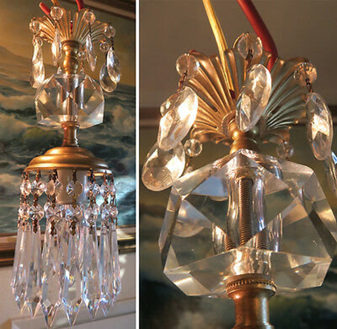 Vintage Mini Lamp Swag Fixture Chandelier Cut Crystal Center Brass ...