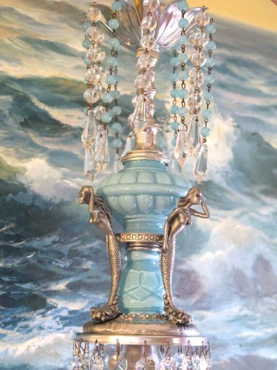 Mermaid Swag Lamp Chandelier Blue Glass Tole Silver S… - Gem