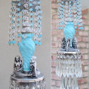 Mermaid Swag Lamp Chandelier Blue Glass Brass Silver Crystal Beads Sea ...