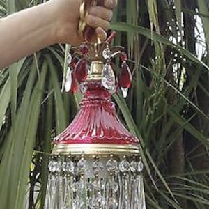 Vintage Ruby Red Lady Cupcake Glass Crystal Brass Swag Lamp Chandelier ...