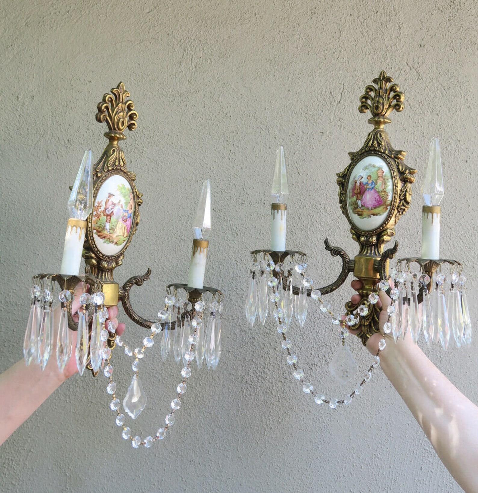 Pair Sconce Brass Bronze Porcelain Plaque Sevres Limoges French Peacock ...