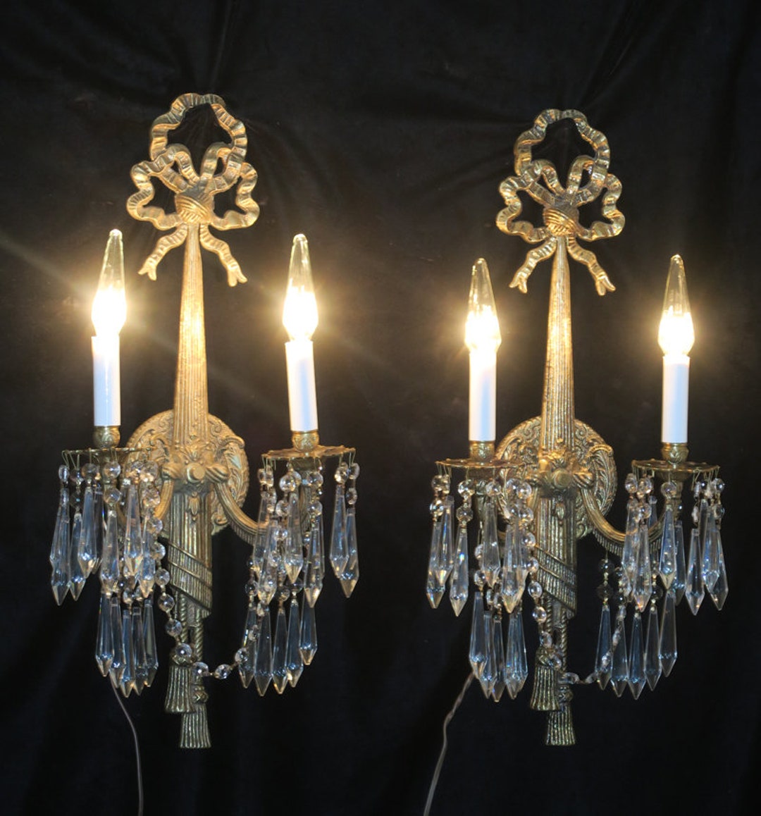 Pair Vintage Bronze Brass SCONCE Bow Spain France Crystal Prism ...