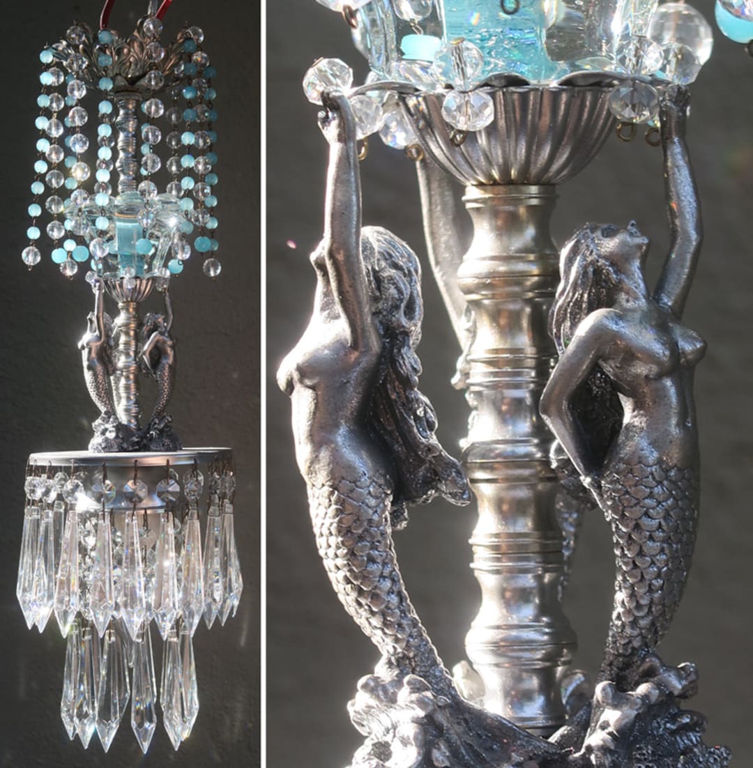 Mermaid Swag Lamp Chandelier Blue Glass Brass Silver Crystal Opaline ...