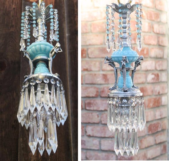 Mermaid Swag Lamp Chandelier Blue Glass Tole Silver S… - Gem