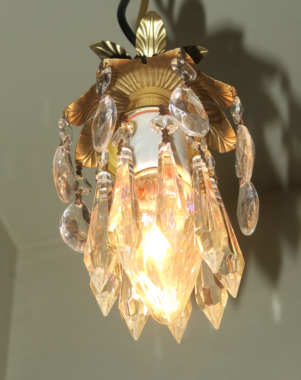 Hanging Mini Lamp Chandelier Crystal Prism Brass Tole Pendant Flower ...