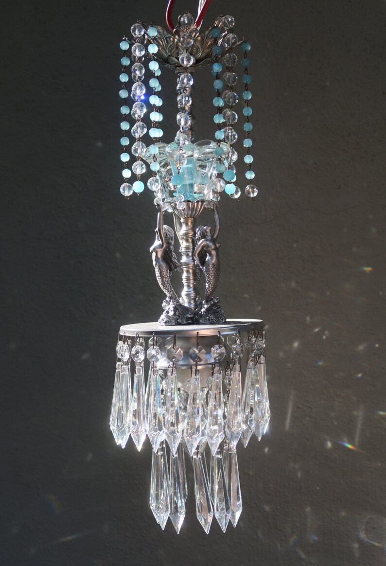 Mermaid Swag Lamp Chandelier Blue Glass Brass Silver Crystal Opaline ...
