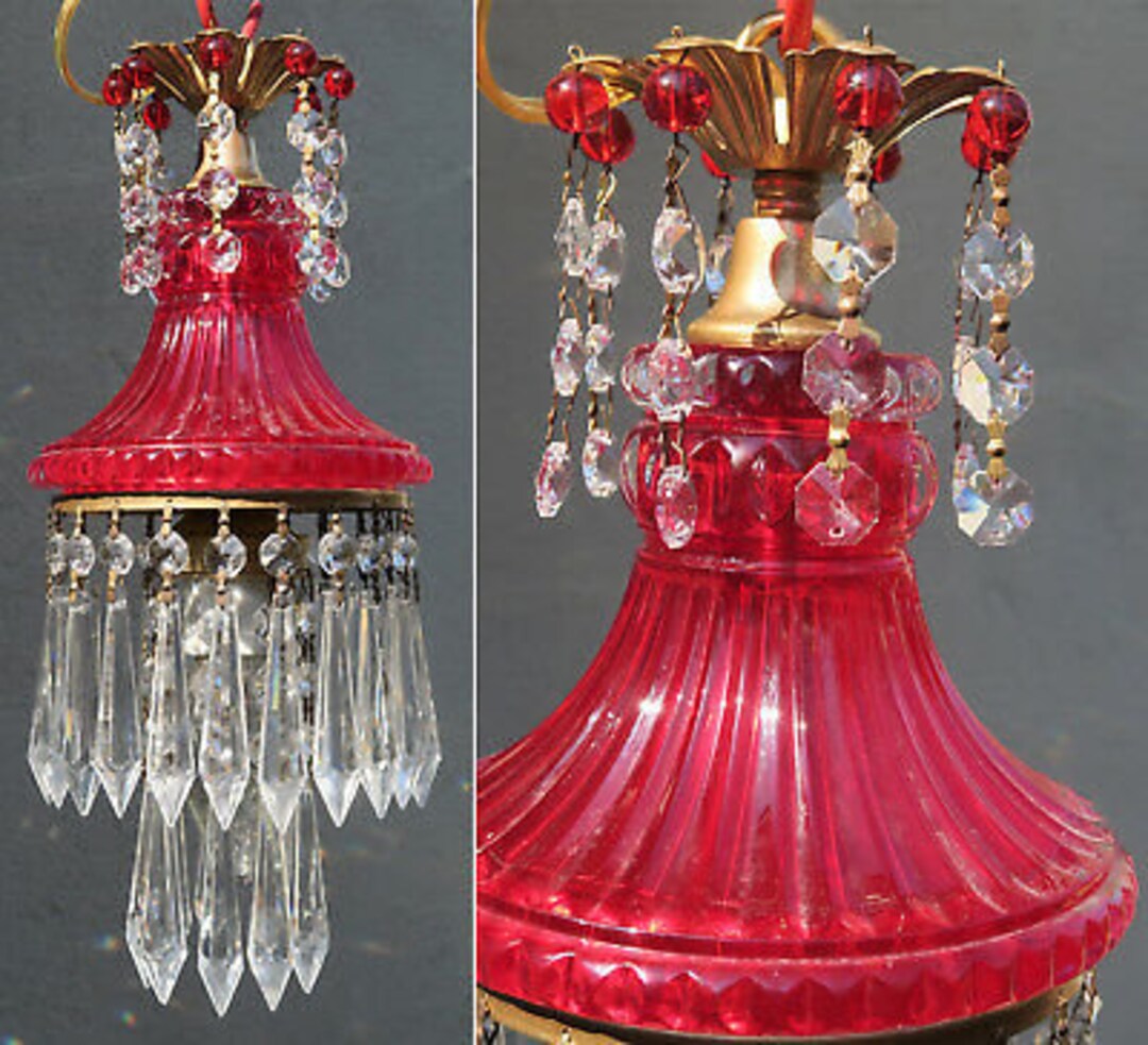 Vintage Ruby Red Lady Cupcake Glass Crystal Beads Brass Swag Lamp ...