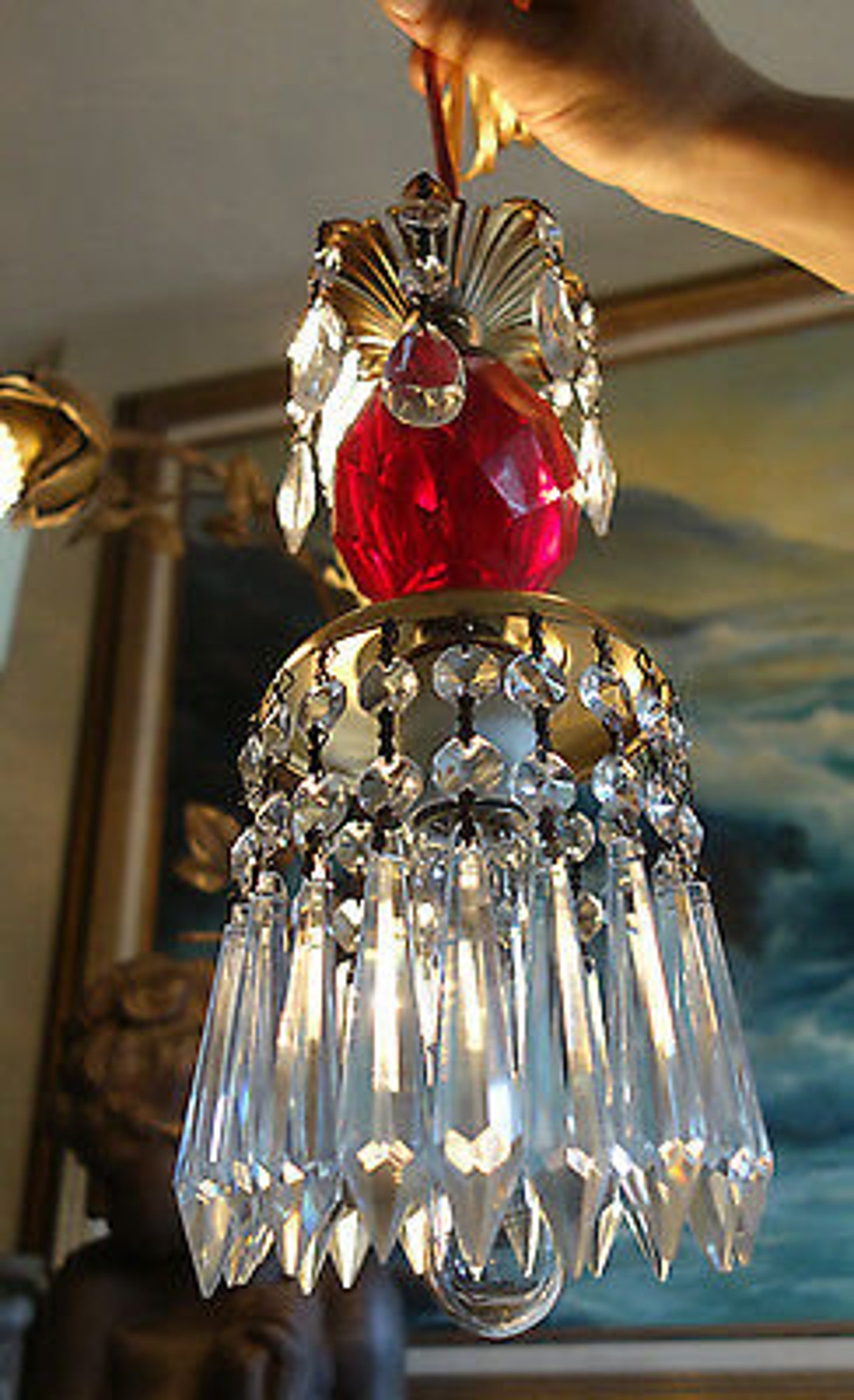 Large Ruby Red Lucite SWAG Plugin Fixture Lamp Chandelier Clear Crystal ...