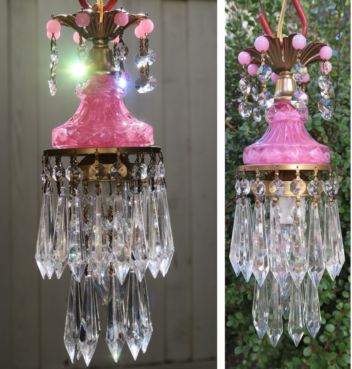 Vintage Rose Pink Lady Cupcake Glass Crystal Brass Ceiling Mount With ...