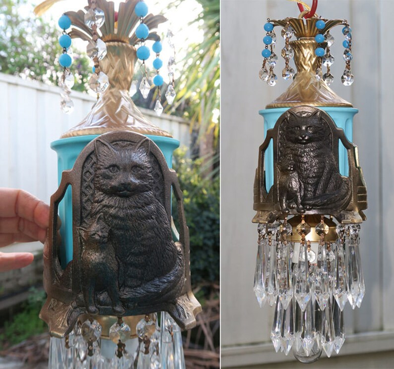 Black Cat Ceiling Lamp Chandelier Brass Tole Glass Turquoise - Etsy